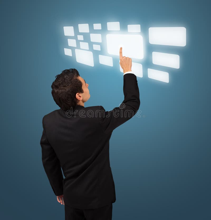 Man Pressing a Touchscreen Button Stock Photo - Image of suit, touch ...