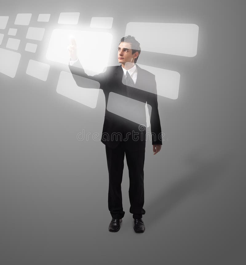 Man Pressing a Touchscreen Button Stock Photo - Image of suit, touch ...