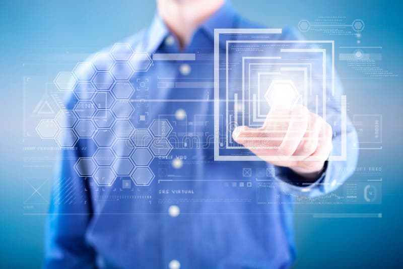 Business Man Pressing on Button of Digital Virtual Screen Stock Photo ...