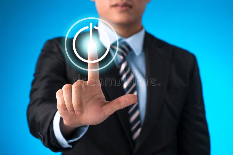 Business Man Pressing a Touch Power Button Stock Photo - Image of ...