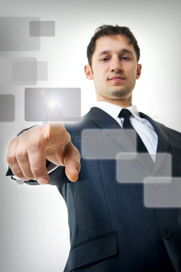 Asian Man Finger Pressing on Touch Screen Monitor Button Stock Photo ...