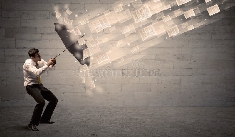 Business Man Protecting with Umbrella Against Wind of Papers Stock ...