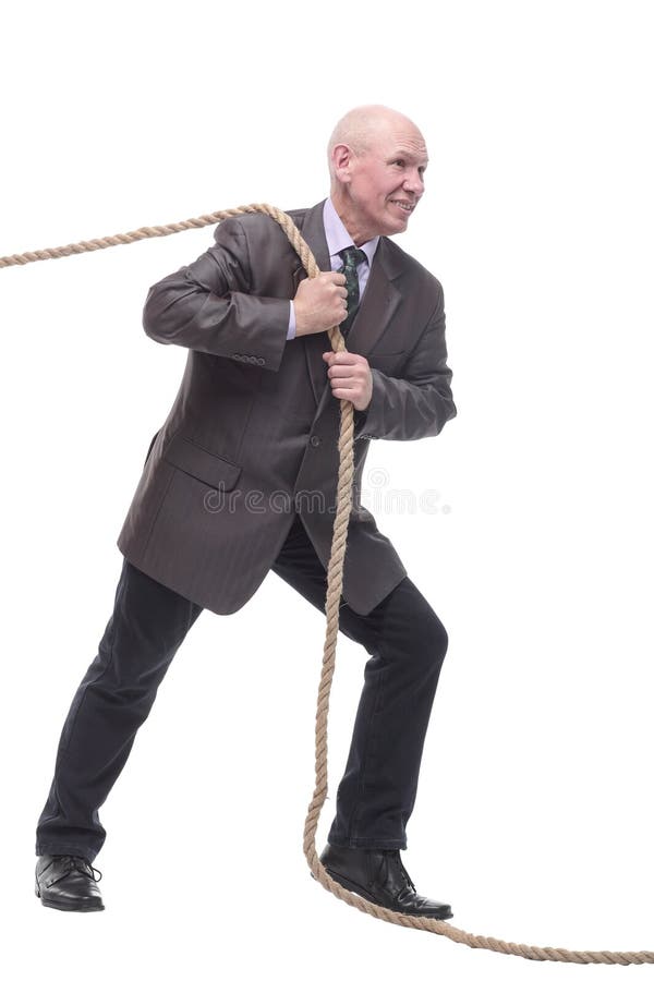 Business Man Pulls a Rope. Isolated on a White Stock Image - Image of ...