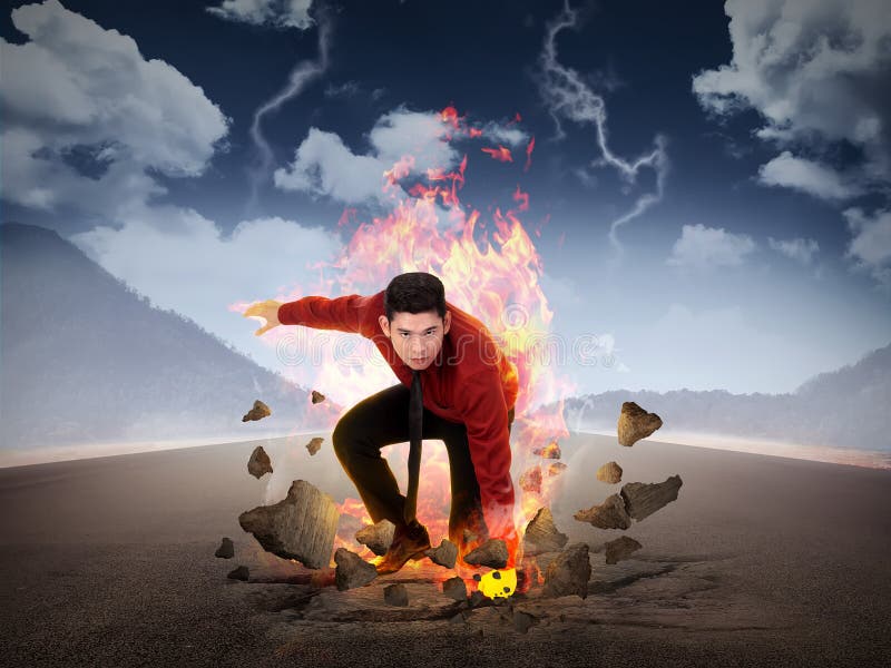 Business Man Punch the Road with Blue Fire Power Stock Illustration ...