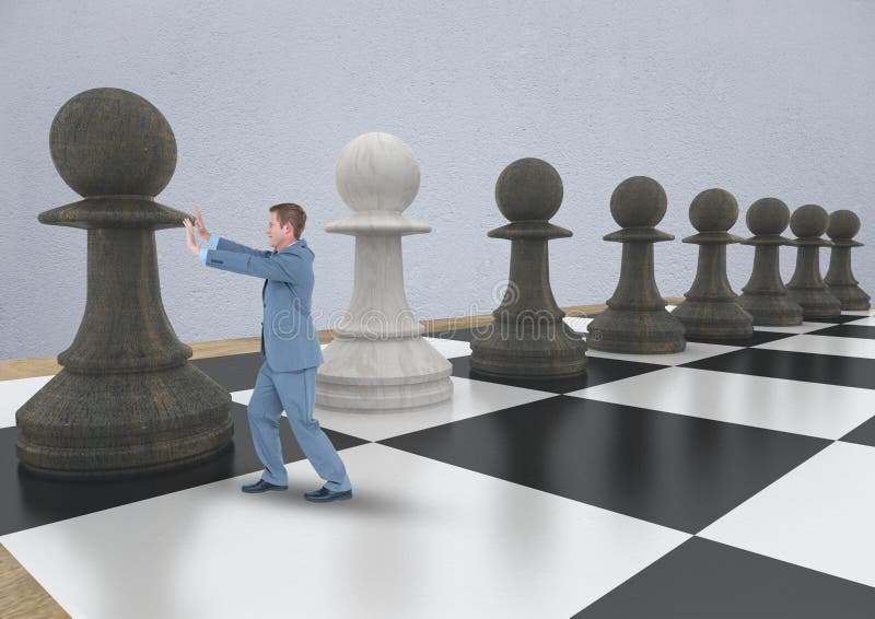 Business Man Pushing Chess Piece Against Grey Wall Stock Image - Image ...