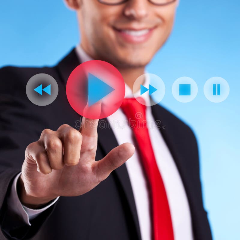 Businessman Hand Press Play Web Button Icon Stock Image - Image of ...