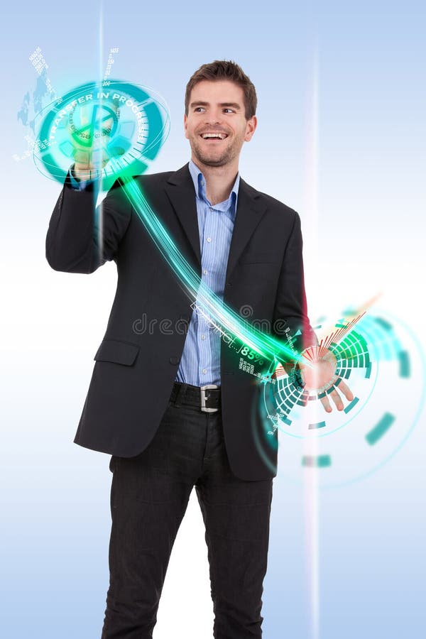 Business Man Pushing Progress Buttons Stock Photo - Image of computer ...