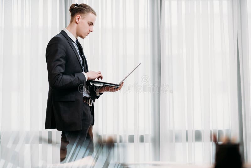 Business Man Read Document Laptop Office Work Stock Image - Image of ...