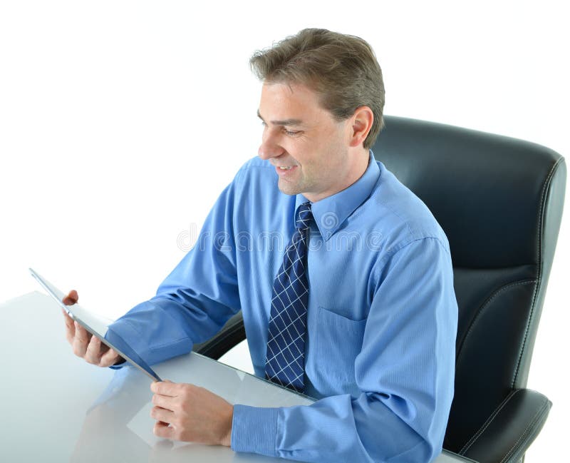 Business Man Reading a Tablet Stock Image - Image of isolated, happy ...