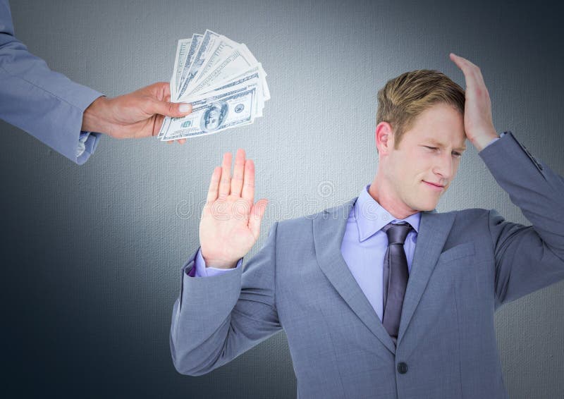 Hand Refusing Money Against Blurry Grey Wood Panel Stock Image - Image ...