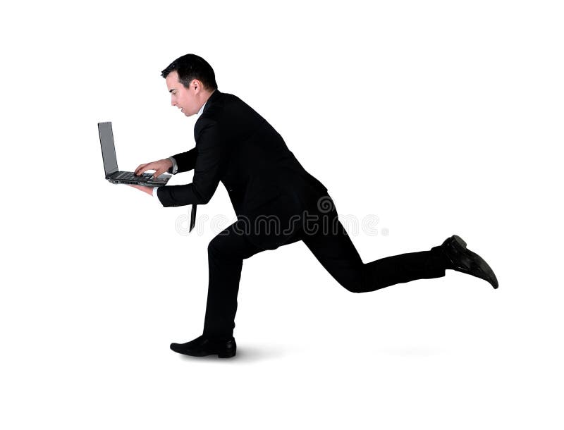 Business Man Run with Laptop Stock Photo - Image of internet, move ...
