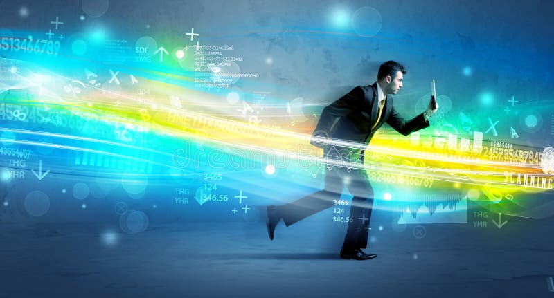 Business Man Running in High Tech Wave Concept Stock Image - Image of ...