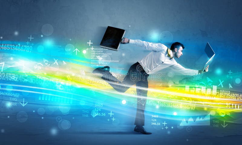 Business Man Running with Device and Data Concept Stock Image - Image ...