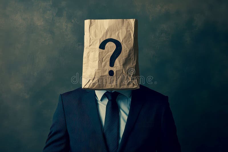 A Business Man S Head is Covered by a Brown Paper Bag with Question ...