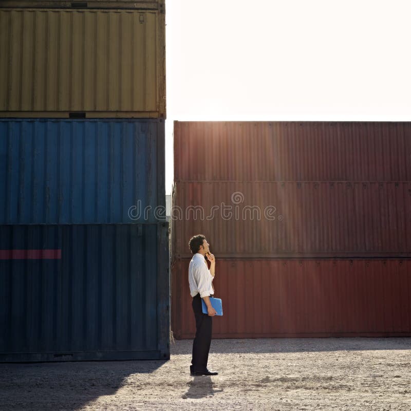 Business Man with Shipping Containers Stock Image - Image of chin ...