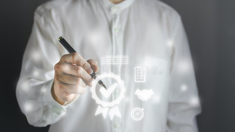 Business Man Sign for Approving an E-document and Guaranteeing Quality ...