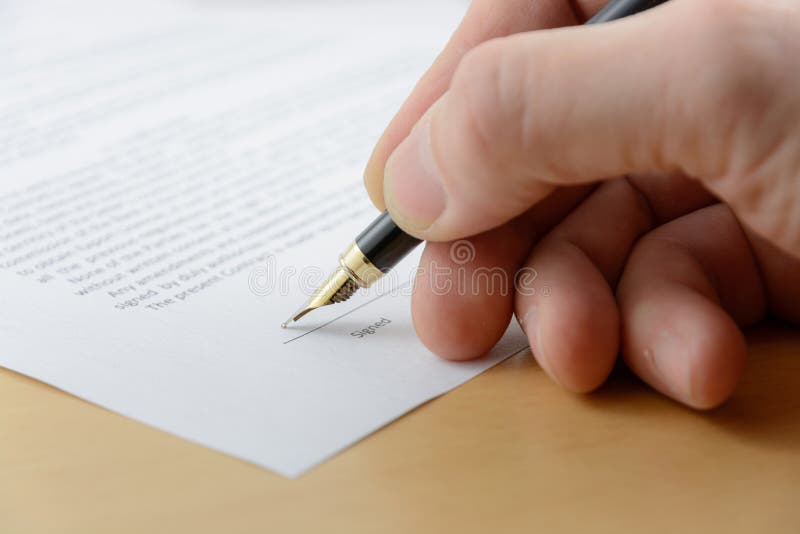 Business Man Signing Document with Fountain Pen Stock Photo - Image of ...