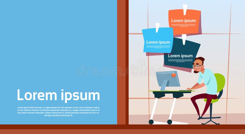 Business Man Sitting Desk Office Working Computer Desktop Copy Space ...