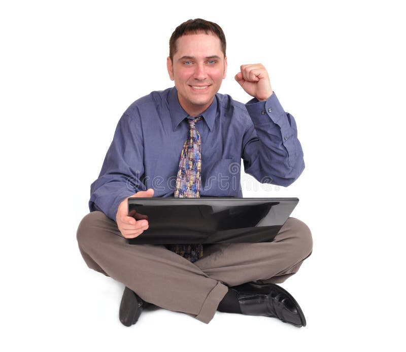 Business Man Sitting on Floor with Laptop Hands Out Stock Image - Image ...