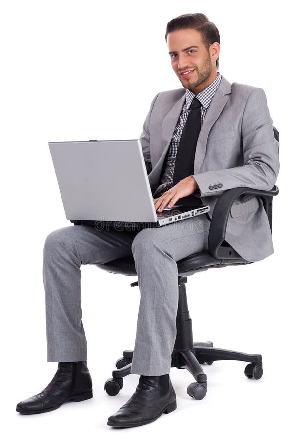Business Man Sitting with Laptop and Smiling Stock Image - Image of ...