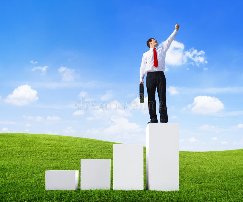 Business Man Standing on a Bar Graph with Arms Raised Stock Image ...