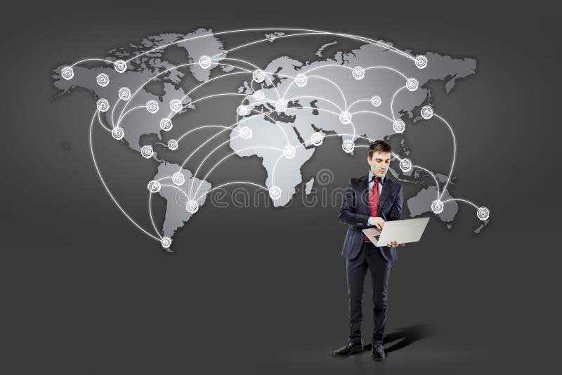 Business Man Standing in Front of World Map Stock Illustration ...