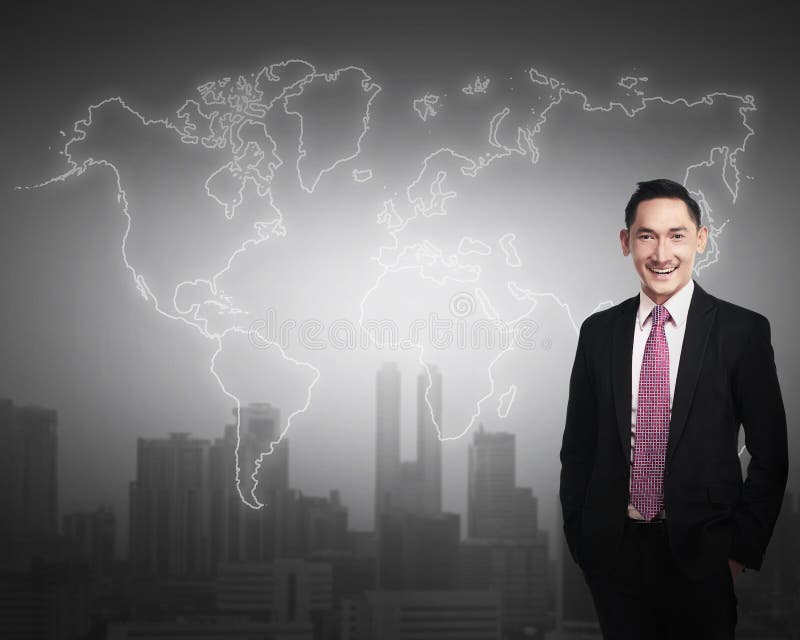 Business Man Standing in Front of World Map Stock Image - Image of ...