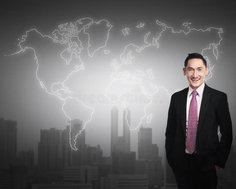 Business Man Standing in Front of World Map Stock Image - Image of ...