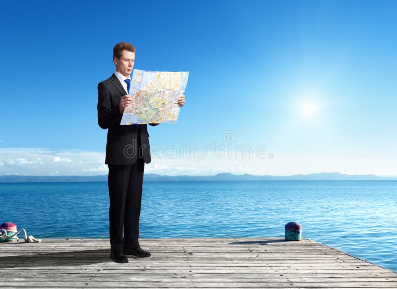 Business Man Standing on Pier with Map Stock Photo - Image of lose ...