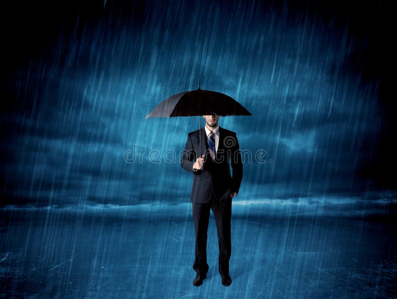 Business Man Standing in Rain with an Umbrella Stock Image - Image of ...