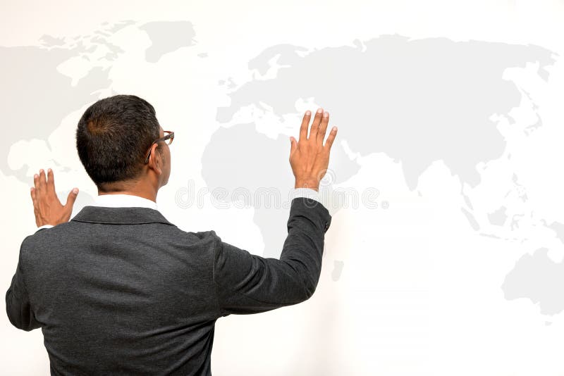 Business Man Standing with World Map on White Wall Stock Image - Image ...