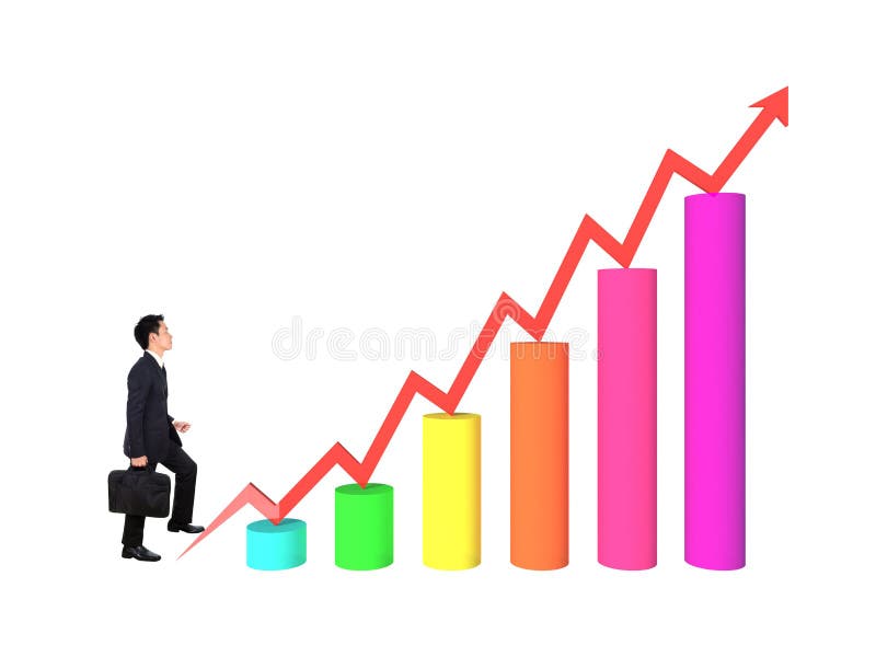 Business Man Stepping Forward on Growing 3d Bar Graph with Arrow Stock ...