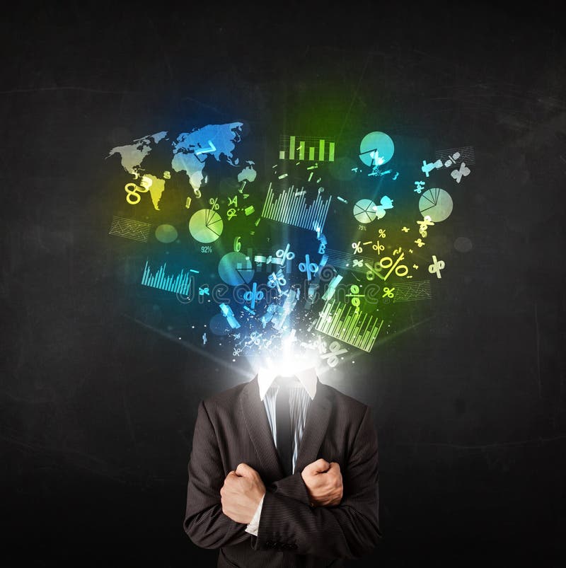 Business Man in Suit with Graph and Charts Exploding from His Bo Stock ...