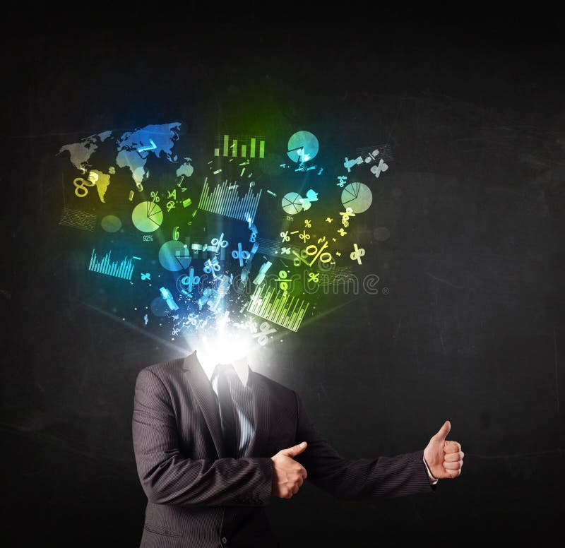 Business Man in Suit with Graph and Charts Exploding from His Bo Stock ...