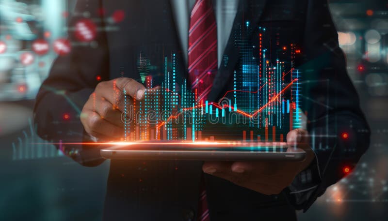 A Business Man in a Suit with a Red Tie is Shown Holding an IPad ...
