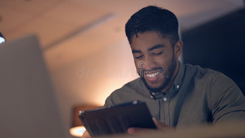 Business Man with Tablet, Communication and Night Work at Office, Laugh ...