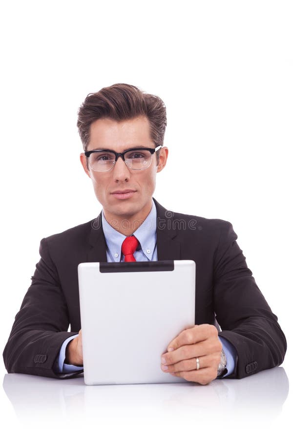 Business Man with Tablet Pad at His Desk Stock Image - Image of ...