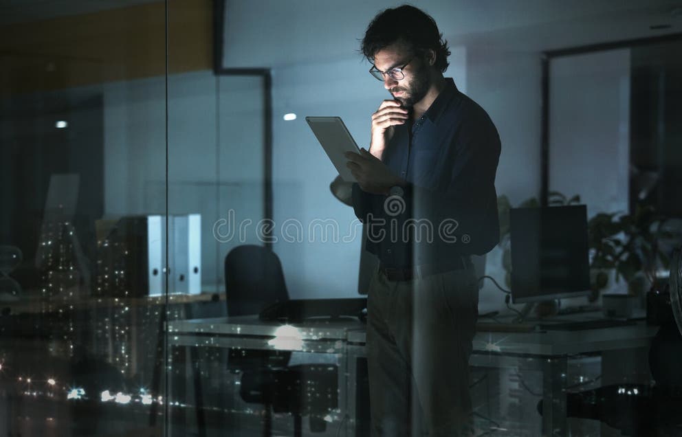 Business Man, Tablet and Thinking in Office, Problem Solving or Looking for Solution by Window ...