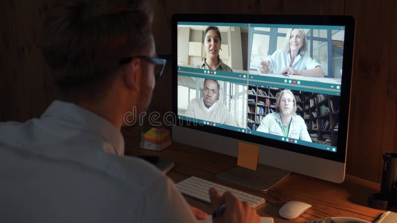 Business Man Talking with Diverse Colleagues in Virtual Video ...