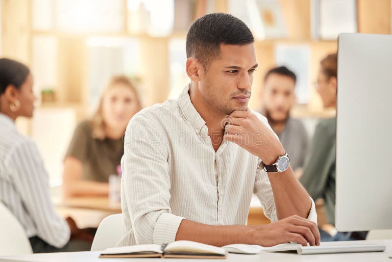 Business Man, Thinking and Computer Work in a Office Doing Internet ...