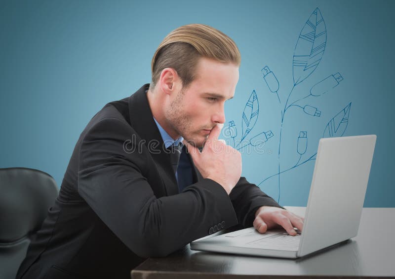 Business Man Thinking at Laptop Against Blue Background with Blue Leaf ...