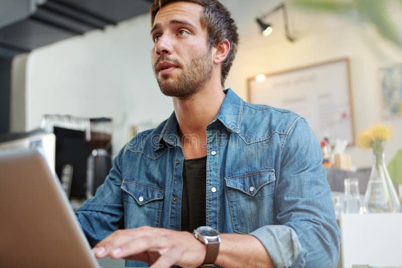 Business, Man or Thinking with Laptop in Cafe for Online Article, Story ...
