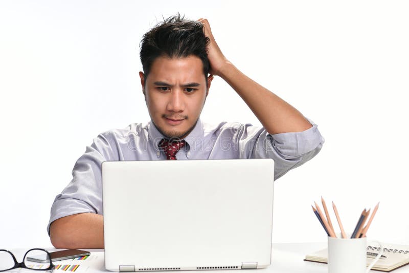 Business Man Thinking while Working with Laptop Computer Stock Image ...