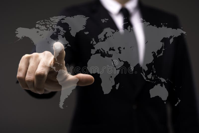 Business Man Touching Imaginery Screen with World Map Stock Photo ...