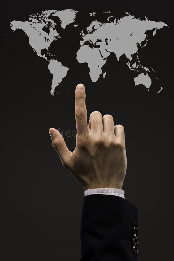 Business Man Touching Imaginery Screen with World Map Stock Photo ...