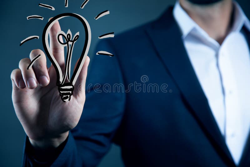 Business Man Touching a Light Bulb on Touch Screen Stock Photo - Image ...