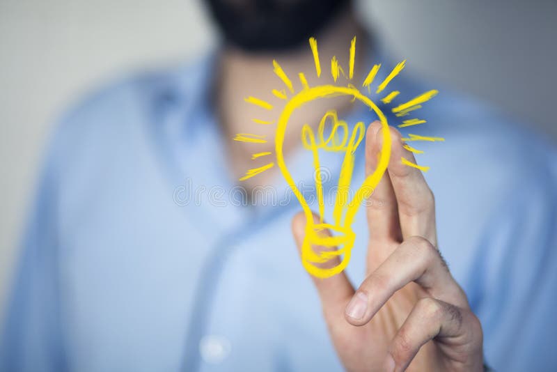 Man Touching E Light Bulb on Screen Stock Photo - Image of screen ...