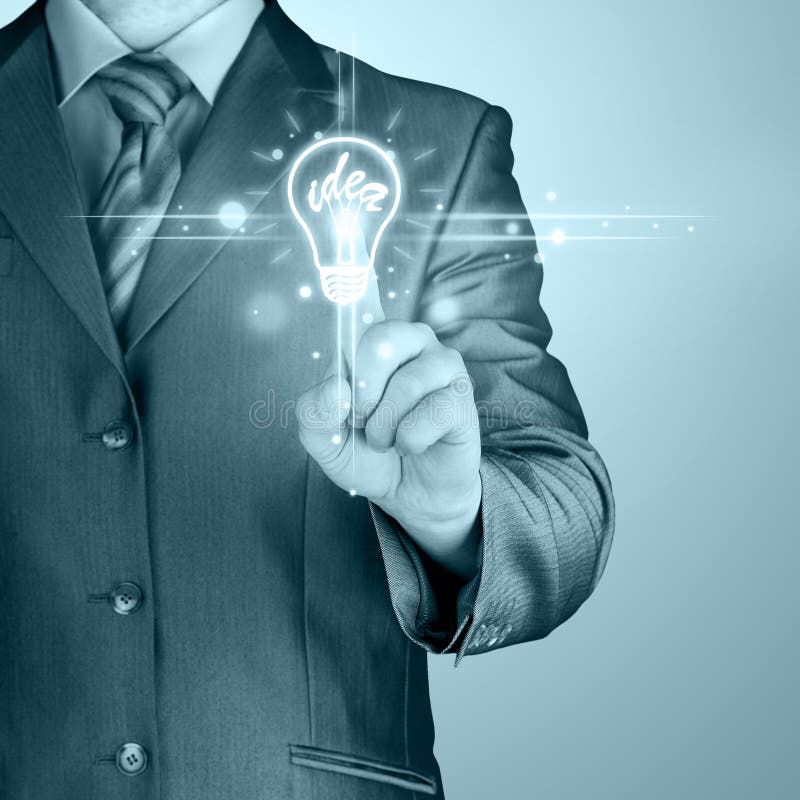Business Man Touching Light of Idea Stock Photo - Image of human, bulb ...