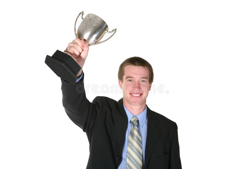 Business Man Holding a Gold Trophy Stock Photo - Image of laughing ...
