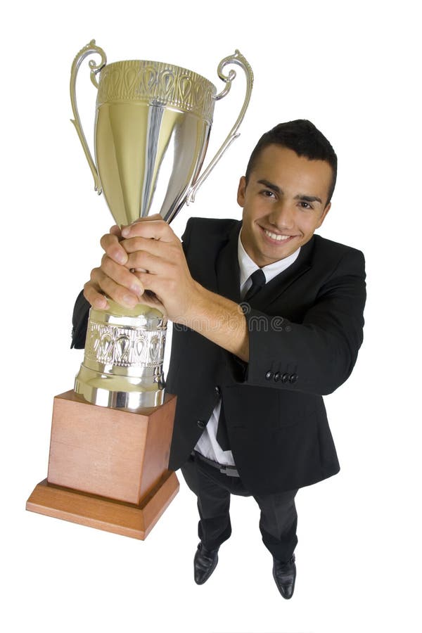 Business Man Holding a Gold Trophy Stock Photo - Image of laughing ...